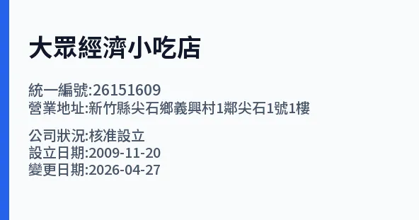 大眾經濟小吃店的照片-統編 26151609(新竹縣) 公司登記資料與營業項目詳細圖表