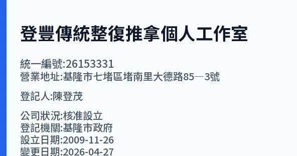 登豐傳統整復推拿個人工作室的照片-統編 26153331(基隆市) 公司登記資料與營業項目詳細圖表