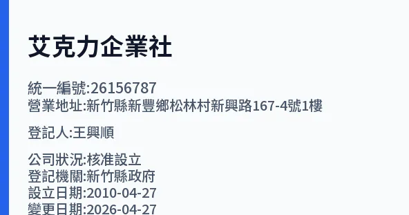 艾克力企業社的照片-統編 26156787(新竹縣) 公司登記資料與營業項目詳細圖表