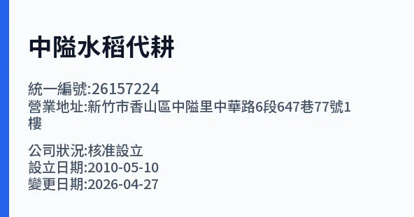 中隘水稻代耕的照片-統編 26157224(新竹市) 公司登記資料與營業項目詳細圖表
