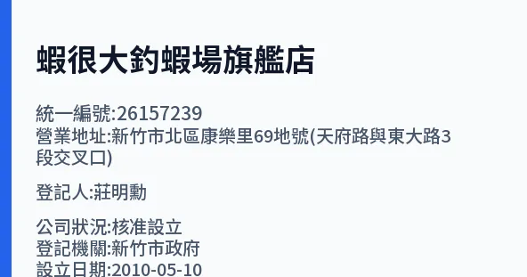 蝦很大釣蝦場旗艦店的照片-統編 26157239(新竹市) 公司登記資料與營業項目詳細圖表