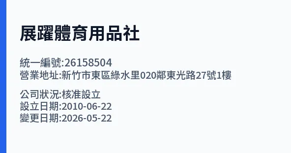 展躍體育用品社的照片-統編 26158504(新竹市) 公司登記資料與營業項目詳細圖表