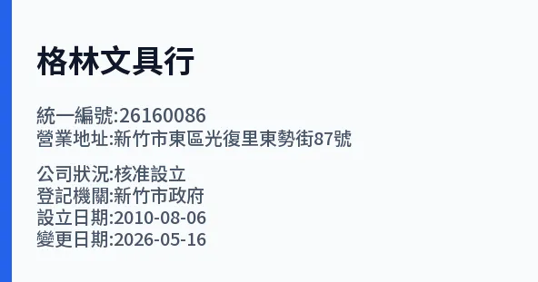 格林文具行的照片-統編 26160086(新竹市) 公司登記資料與營業項目詳細圖表