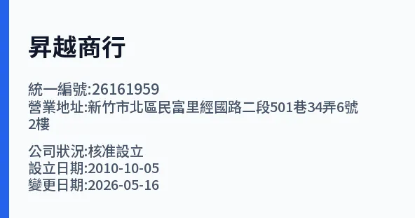昇越商行的照片-統編 26161959(新竹市) 公司登記資料與營業項目詳細圖表