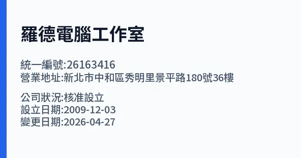 羅德電腦工作室的照片-統編 26163416(新北市) 公司登記資料與營業項目詳細圖表