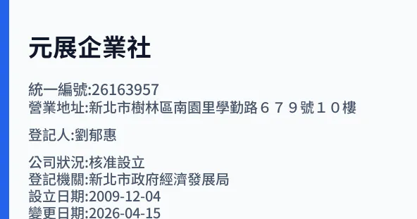 元展企業社的照片-統編 26163957(新北市) 公司登記資料與營業項目詳細圖表