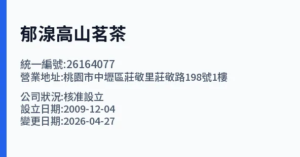 郁湶高山茗茶的照片-統編 26164077(桃園市) 公司登記資料與營業項目詳細圖表