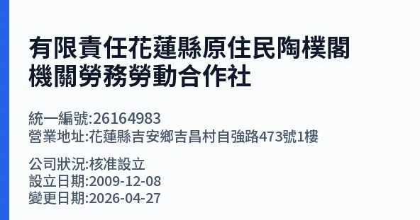 有限責任花蓮縣原住民陶樸閣機關勞務勞動合作社的照片-統編 26164983(花蓮縣) 公司登記資料與營業項目詳細圖表