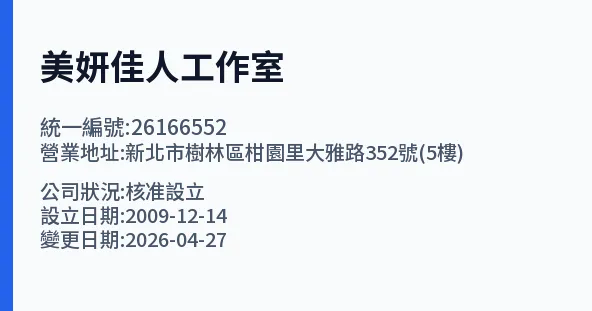 美妍佳人工作室的照片-統編 26166552(新北市) 公司登記資料與營業項目詳細圖表