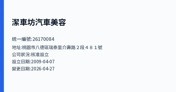 潔車坊汽車美容的照片-統編 26170084(桃園市) 公司登記資料與營業項目詳細圖表
