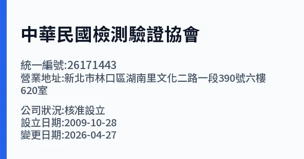 中華民國檢測驗證協會的照片-統編 26171443(新北市) 公司登記資料與營業項目詳細圖表
