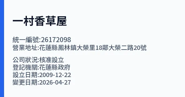 一村香草屋的照片-統編 26172098(花蓮縣) 公司登記資料與營業項目詳細圖表
