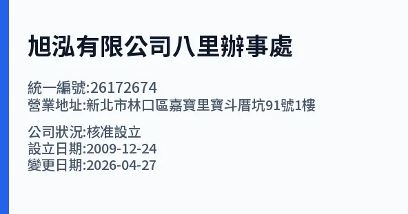 旭泓有限公司八里辦事處的照片-統編 26172674(新北市) 公司登記資料與營業項目詳細圖表