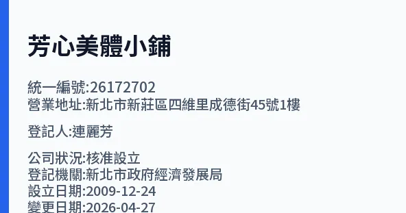 芳心美體小鋪的照片-統編 26172702(新北市) 公司登記資料與營業項目詳細圖表