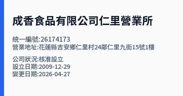 成香食品有限公司仁里營業所的照片-統編 26174173(花蓮縣) 公司登記資料與營業項目詳細圖表