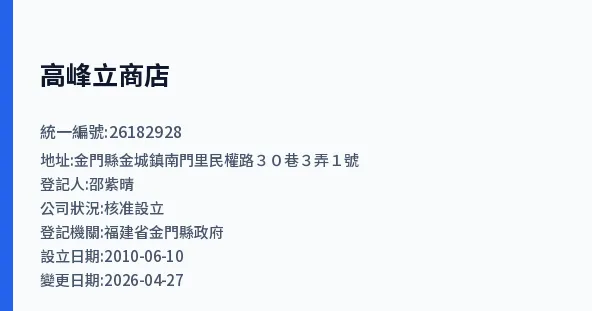 高峰立商店的照片-統編 26182928(金門縣) 公司登記資料與營業項目詳細圖表