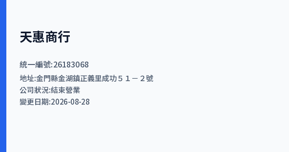 天惠商行的照片-統編 26183068(金門縣) 公司登記資料與營業項目詳細圖表