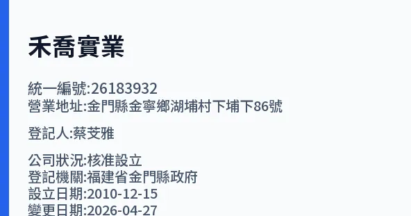 禾喬實業的照片-統編 26183932(金門縣) 公司登記資料與營業項目詳細圖表
