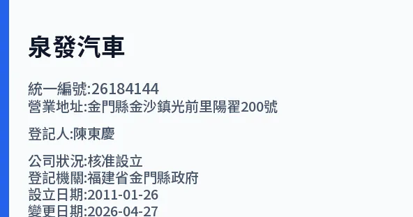 泉發汽車的照片-統編 26184144(金門縣) 公司登記資料與營業項目詳細圖表