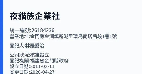 夜貓族企業社的照片-統編 26184236(金門縣) 公司登記資料與營業項目詳細圖表
