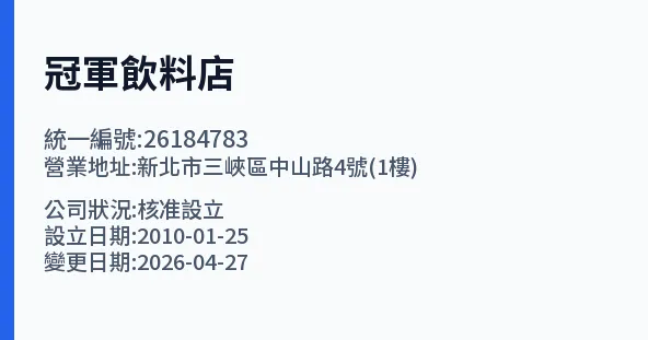 冠軍飲料店的照片-統編 26184783(新北市) 公司登記資料與營業項目詳細圖表