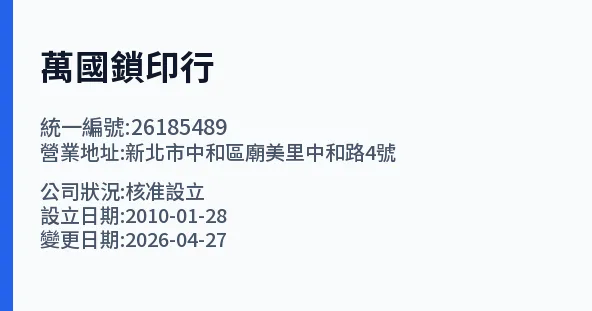 萬國鎖印行的照片-統編 26185489(新北市) 公司登記資料與營業項目詳細圖表