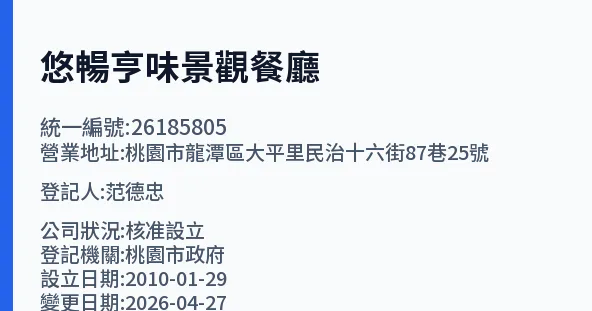 悠暢亨味景觀餐廳的照片-統編 26185805(桃園市) 公司登記資料與營業項目詳細圖表