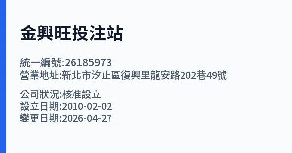 金興旺投注站的照片-統編 26185973(新北市) 公司登記資料與營業項目詳細圖表