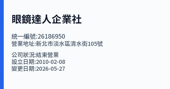 眼鏡達人企業社的照片-統編 26186950(新北市) 公司登記資料與營業項目詳細圖表