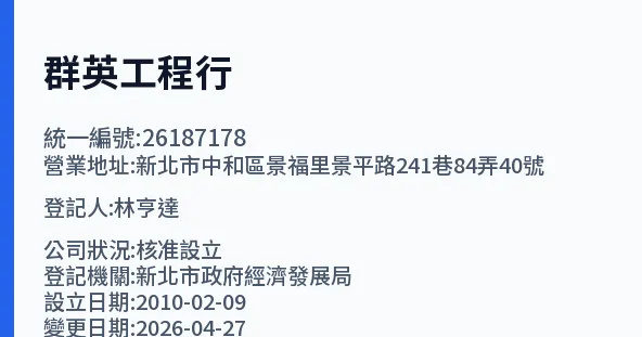 群英工程行的照片-統編 26187178(新北市) 公司登記資料與營業項目詳細圖表