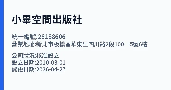 小畢空間出版社的照片-統編 26188606(新北市) 公司登記資料與營業項目詳細圖表