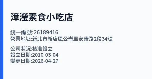 漳瀅素食小吃店的照片-統編 26189416(新北市) 公司登記資料與營業項目詳細圖表