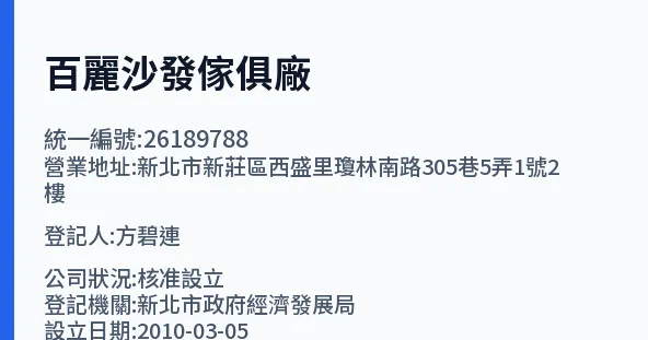 百麗沙發傢俱廠的照片-統編 26189788(新北市) 公司登記資料與營業項目詳細圖表