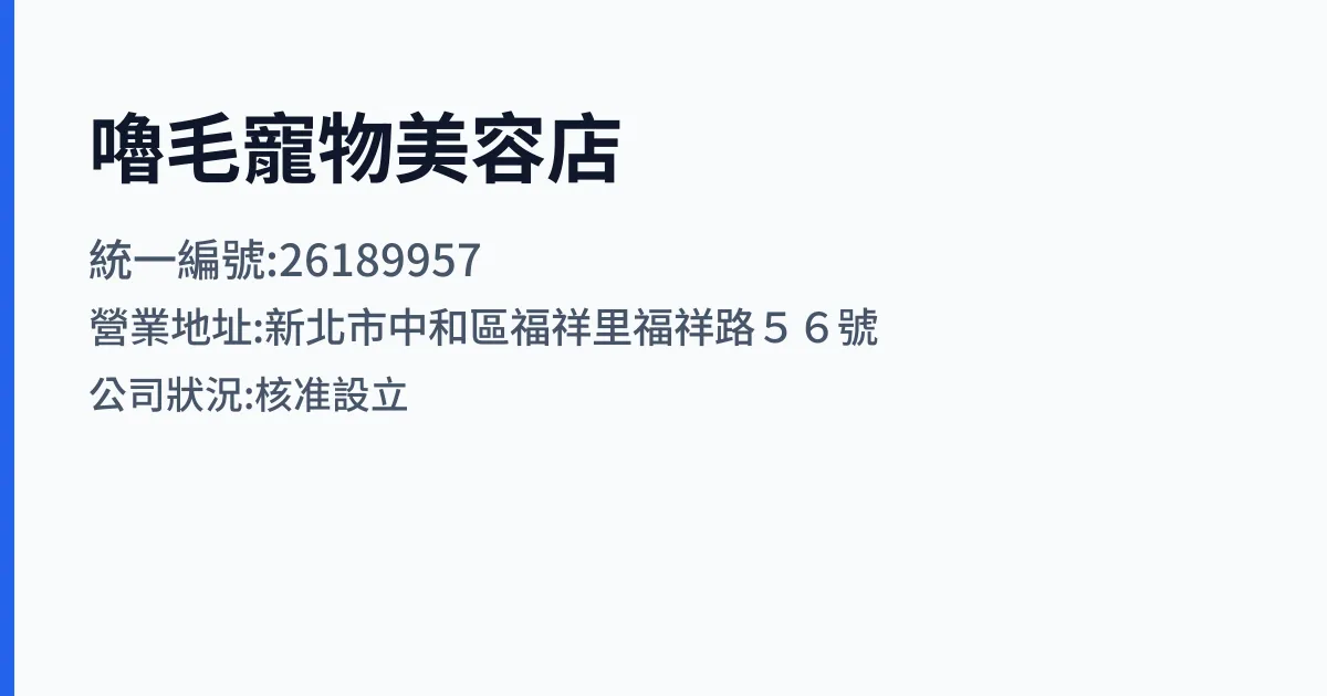 嚕毛寵物美容店 - 統編 26189957(新北市) 公司登記資料與營業項目詳細圖表