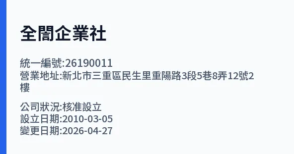 全誾企業社的照片-統編 26190011(新北市) 公司登記資料與營業項目詳細圖表