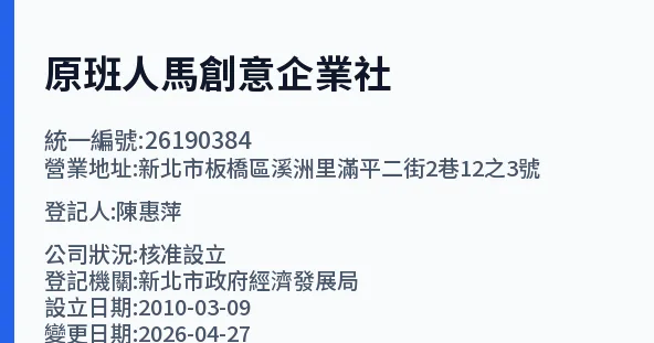 原班人馬創意企業社的照片-統編 26190384(新北市) 公司登記資料與營業項目詳細圖表