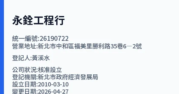 永銓工程行的照片-統編 26190722(新北市) 公司登記資料與營業項目詳細圖表