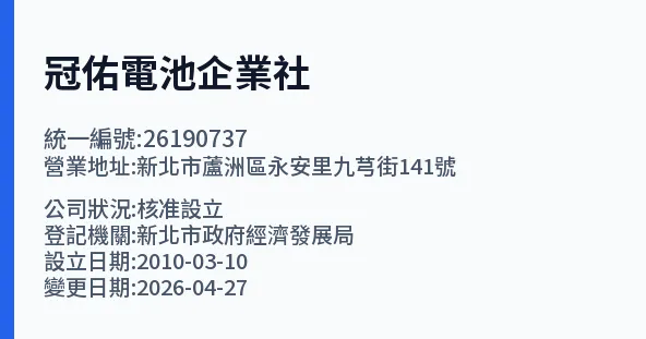 冠佑電池企業社的照片-統編 26190737(新北市) 公司登記資料與營業項目詳細圖表