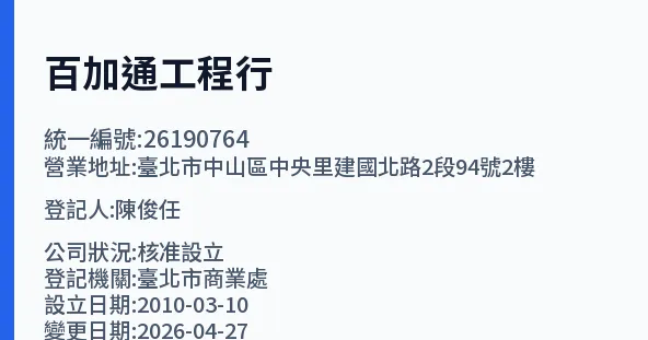 百加通工程行的照片-統編 26190764(臺北市) 公司登記資料與營業項目詳細圖表