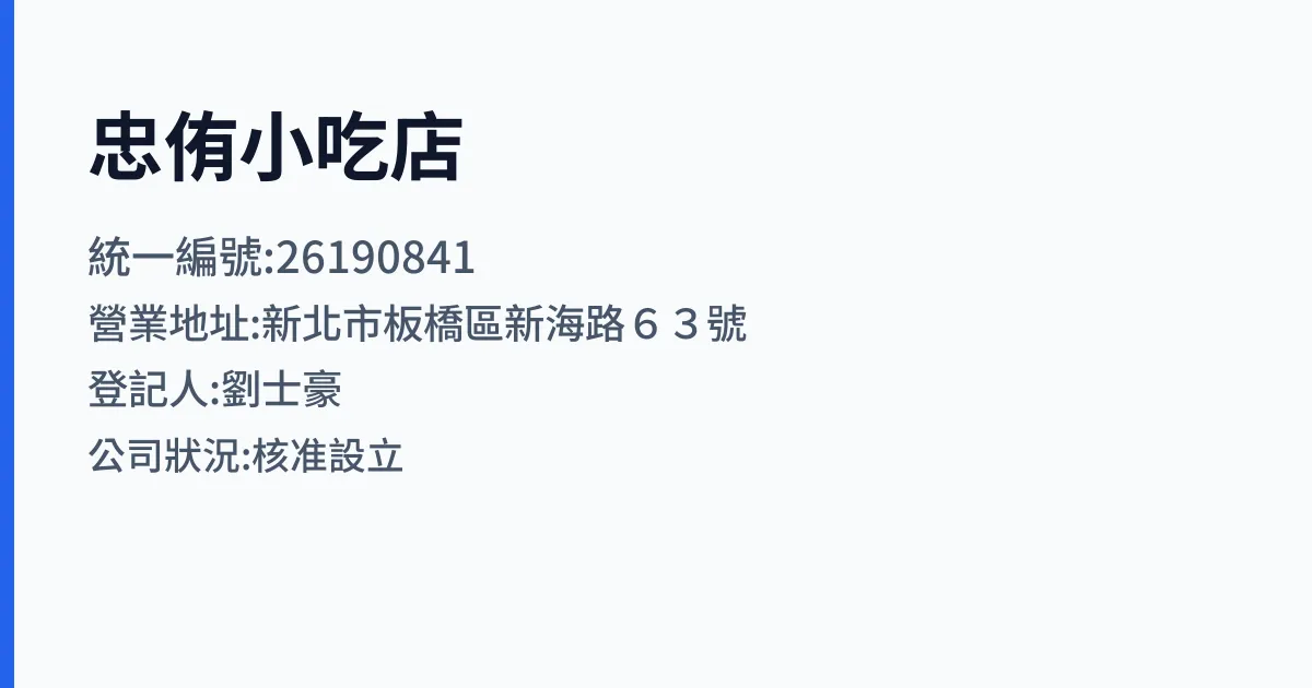 忠侑小吃店 - 統編 26190841(新北市) 公司登記資料與營業項目詳細圖表