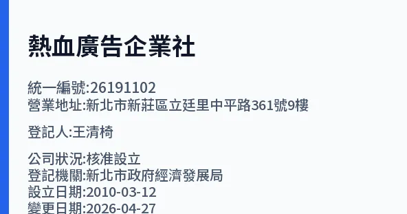 熱血廣告企業社的照片-統編 26191102(新北市) 公司登記資料與營業項目詳細圖表