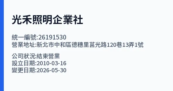 光禾照明企業社的照片-統編 26191530(新北市) 公司登記資料與營業項目詳細圖表