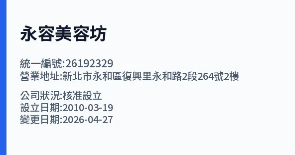 永容美容坊的照片-統編 26192329(新北市) 公司登記資料與營業項目詳細圖表