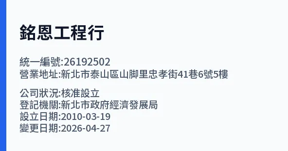 銘恩工程行的照片-統編 26192502(新北市) 公司登記資料與營業項目詳細圖表