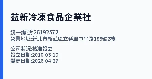 益新冷凍食品企業社的照片-統編 26192572(新北市) 公司登記資料與營業項目詳細圖表
