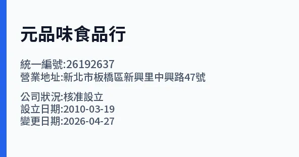 元品味食品行的照片-統編 26192637(新北市) 公司登記資料與營業項目詳細圖表