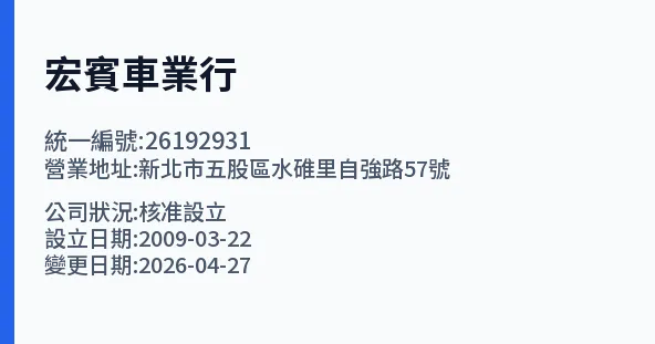 宏賓車業行的照片-統編 26192931(新北市) 公司登記資料與營業項目詳細圖表