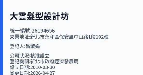 大雲髮型設計坊的照片-統編 26194656(新北市) 公司登記資料與營業項目詳細圖表
