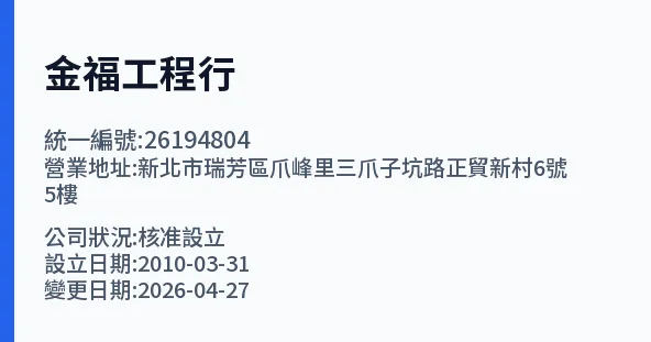 金福工程行的照片-統編 26194804(新北市) 公司登記資料與營業項目詳細圖表