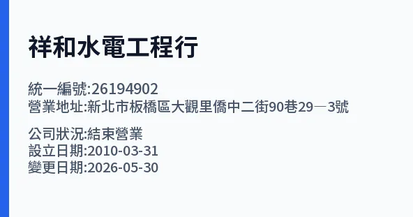 祥和水電工程行的照片-統編 26194902(新北市) 公司登記資料與營業項目詳細圖表